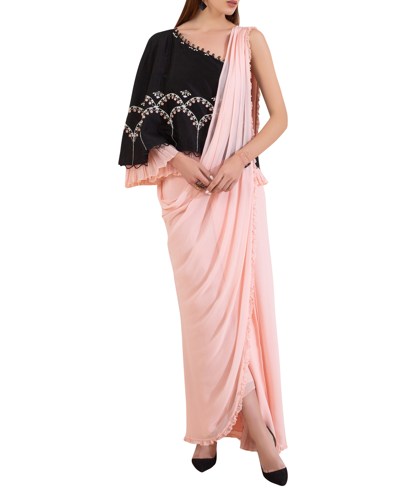 Embroidered Pre-Draped Cape Sari - Limerickstore