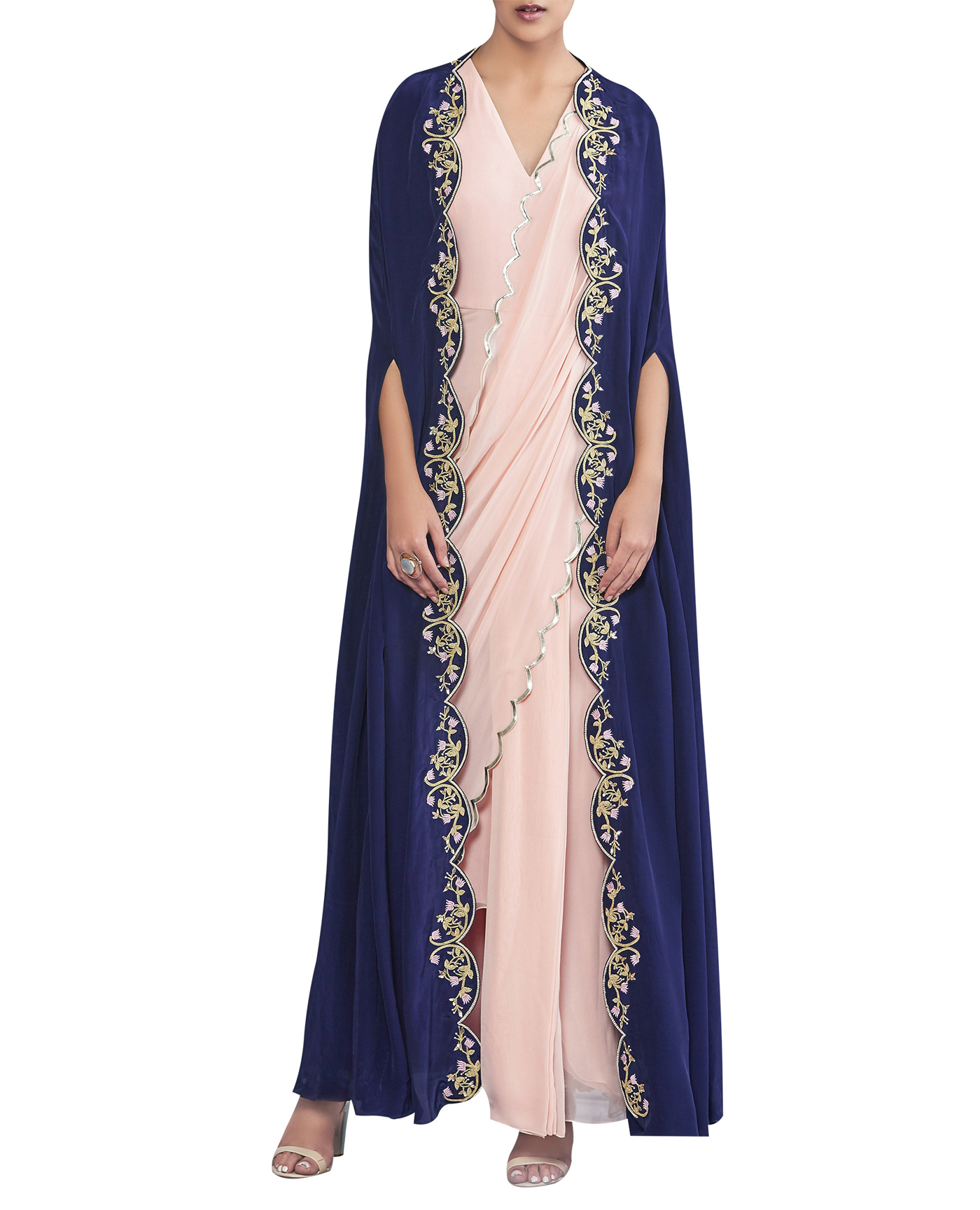 Embroidered Pre- Draped Sari with Cape - Limerickstore
